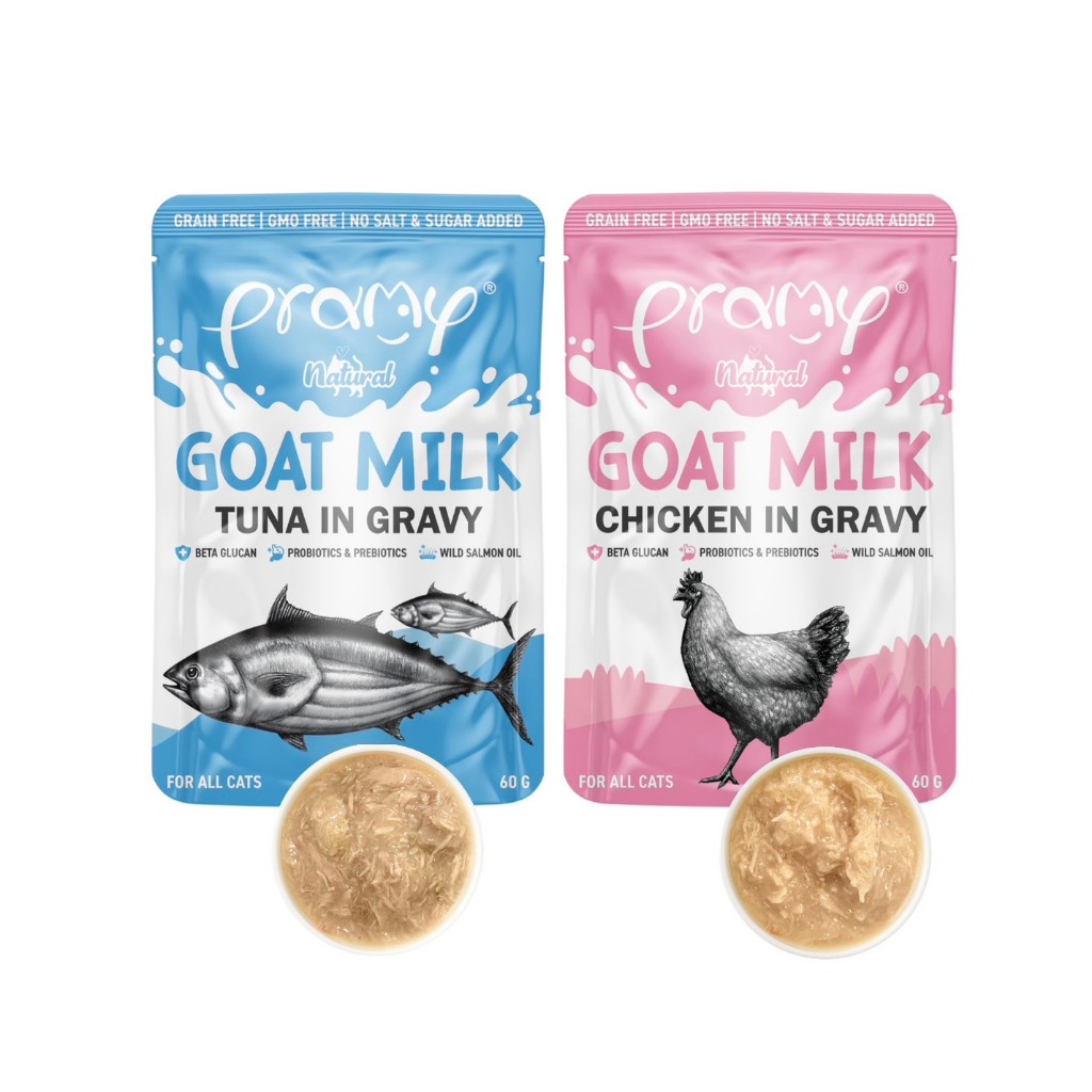 (1ซอง) Pramy Goat Milk in Gravy อาหารเปียกแมวผสมนมแพะในน้ำเกรวี่ ขนาด 60g | Shopee Thailand