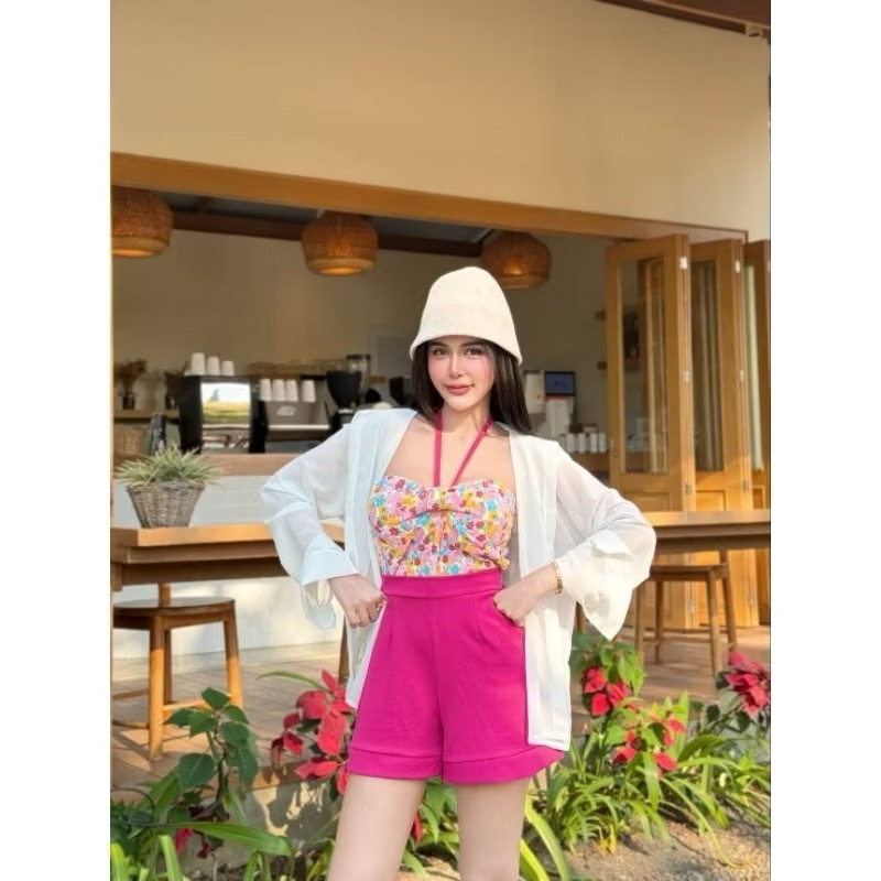 T103 ชุดเซ็ท3ชิ้น เสื้อคล้องคอ+เสื้อคลุม+กางเกง (ไซส์สาวอวบ) | Shopee Thailand