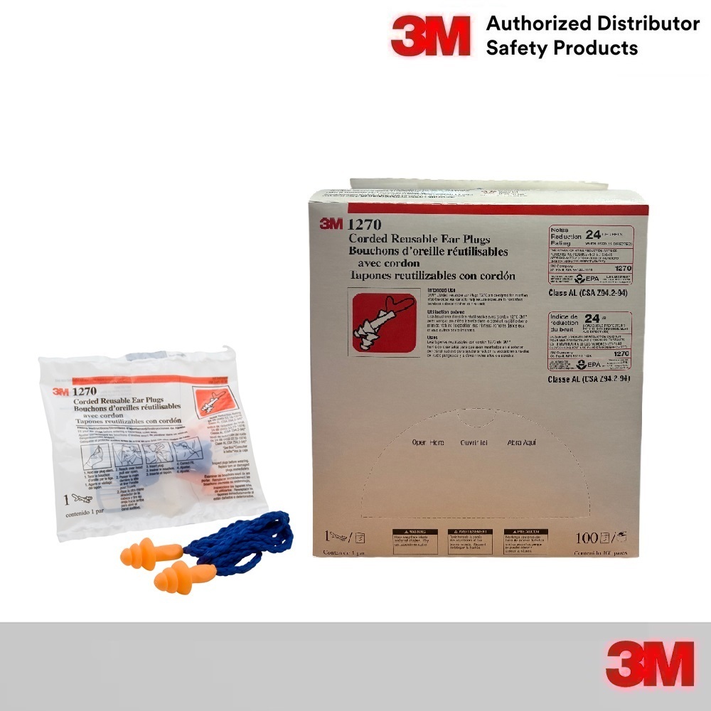 3M 1270 (100ชิ้น) สายสีฟ้า ปลั๊กอุดหูลดเสียง แบบมีสาย วัสดุยางสังเคราะห์รูปต้นสน 3 ชั้น Reusable ...