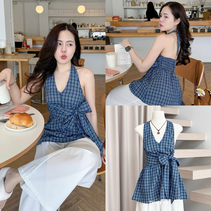 **พรีออเดอร์ รอสินค้า10วัน**♡BY0199 Summer Scotty Blue เสื้อคล้องคอแต่ง ...