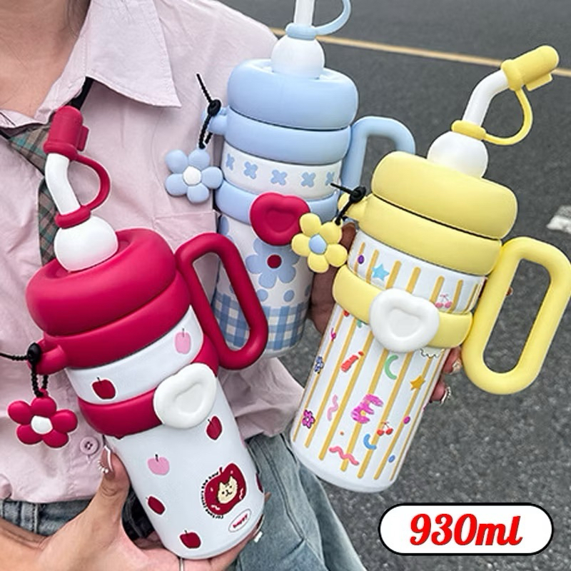 Himex แก้วน้ําในรถ สแตนเลส316 แก้วเยติมีหูหิ้ว พร้อมหลอด แก้วเก็บความเย็น น่ารัก เกาหลี พิมพ์ลาย ...