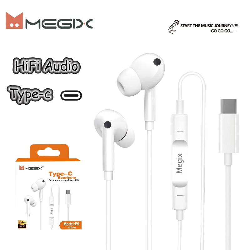 หูฟัง Type-C Megix E9 Wired Headphones Built-in microphone HiFi เสียงดี ...