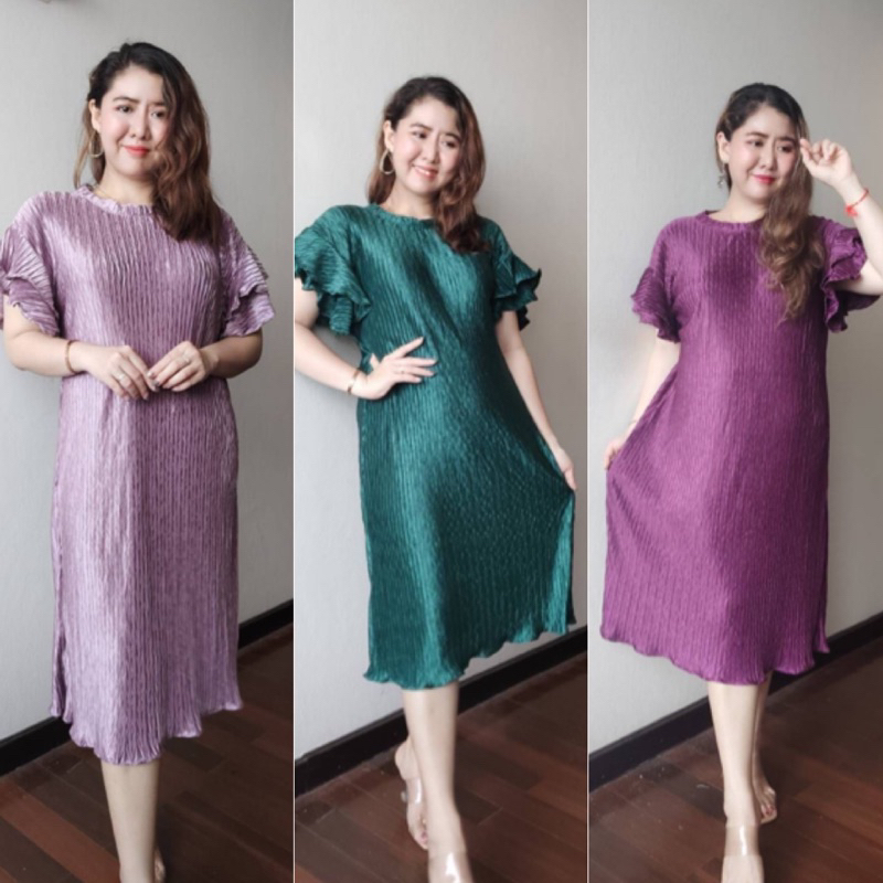 แฟชั่นชุดเดรสงานอัดพลีท คอกลมระบายแขน ผ้ายืดFreesize สีสวยตรงปก | Shopee Thailand