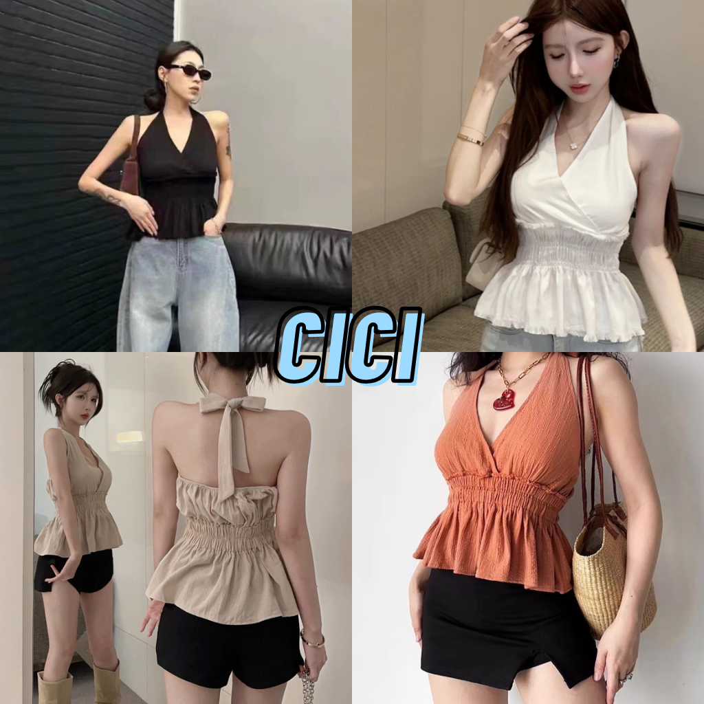 Cici(NO.J2087) เสื้อคล้องคอผ้าฝ้ายแข็งแหวกหน้า สม็อคหลัง สีพื้น สไตล์สาวแซ่บ | Shopee Thailand