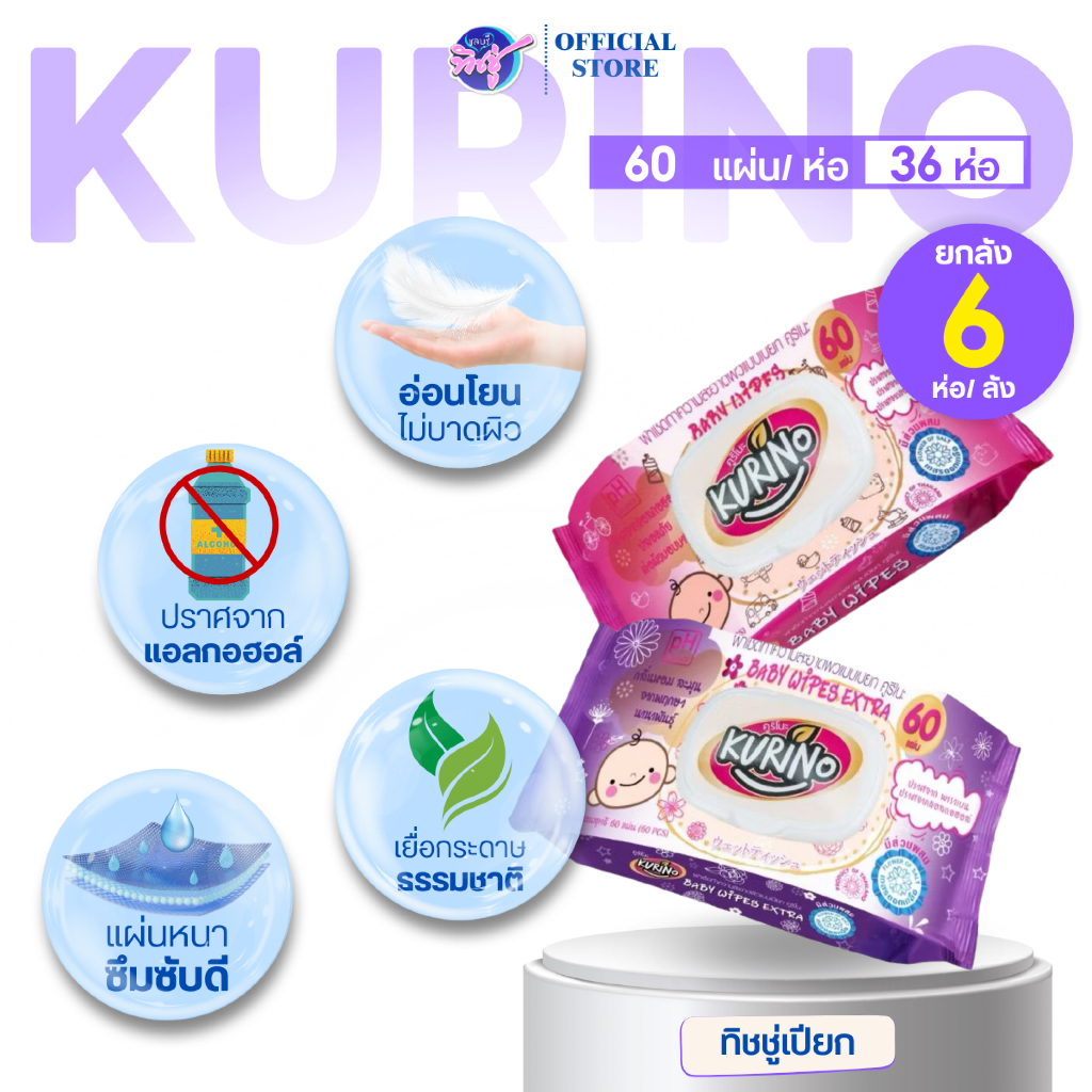 [ยกลัง 36 ห่อ] KURINO คุริโนะ กระดาษทิชชู่เปียก ห่อ60แผ่น สูตรอ่อนโยน สำหรับเด็ก | Shopee Thailand