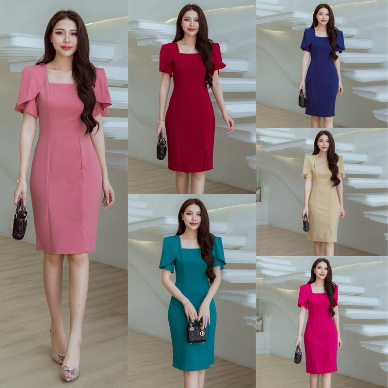 241 เดรสคอเหลี่ยมแขนสั้นผ่าข้างแขน (ผ้าเทพ REEYA) | Shopee Thailand