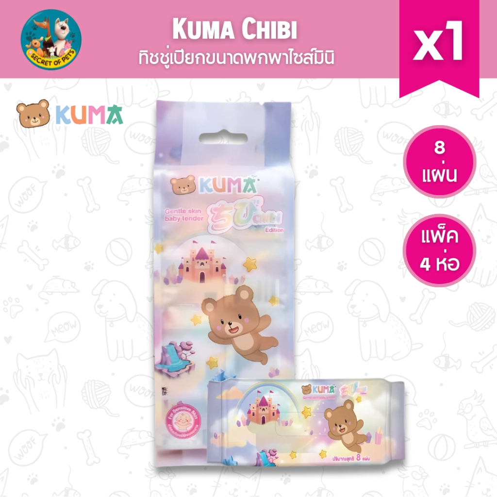 (ชิบิ พกพาไซส์มินิ) Kuma Chibi ทิชชู่เปียกพกพา ทิชชู่เปียกไซส์มินิ 8 แผ่น/ห่อ x4ห่อ/แพ็ค ...