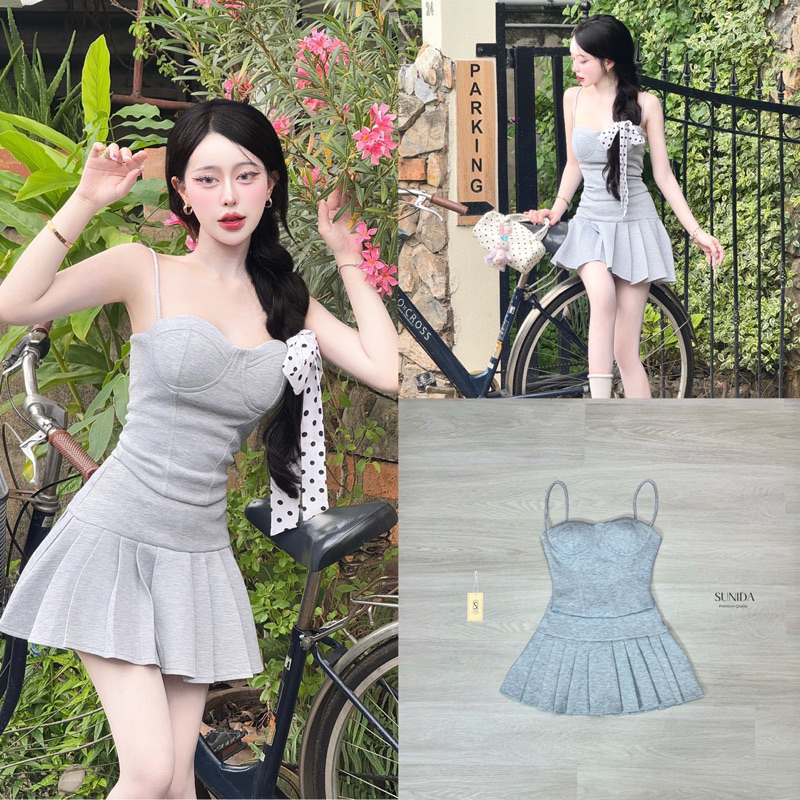 SUNIDA ชุดเซต2 ชิ้น ชุดเสื้อสายเดี่ยวหน้าอกเสริมฟองน้ำเป็นงานซิปหลัง + กระโปรงกีบ | Shopee Thailand