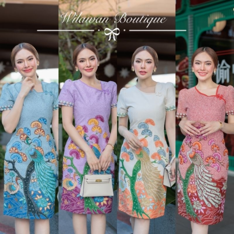 N725 ชุดเดรสผ้าปาเต๊ะอินโด พิมลาย คอหยดน้ำ ทรงสอบ งานอัดกาวทั้งชุด ทุก ...