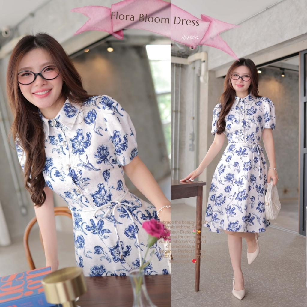 "Romi"Oil" Flora Bloom Dress (Navy Blue) J608 ชุดเดรสสีกรม (คอปกกระดุมเพชรมีเชือกผูกเอว ...