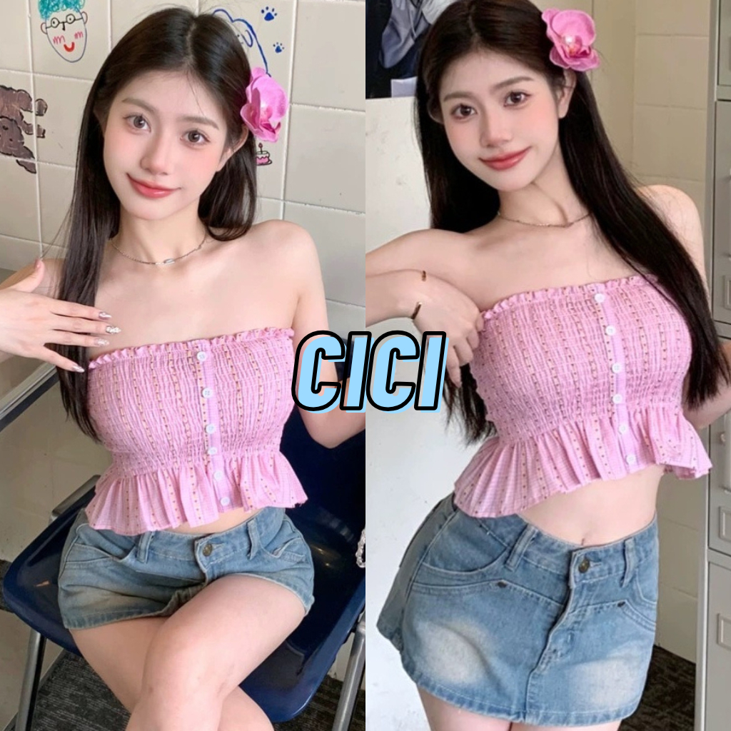 ส่งทันที Cici(NO. H93107)เสื้อเกาะอกสม๊อกทั้งตัว แต่งกระดุมลายหัวใจกรุ้งกริ้งมาก | Shopee Thailand