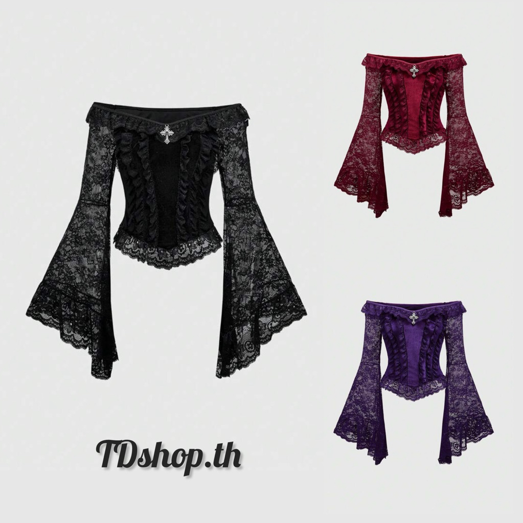 PRE-ORDER 7-10วัน ROMWE Goth เสื้อเบลาส์ ปาดไหล่ แขนพองลูกไม้คอนทราสต์ สไตล์ตกแต่งครอสโกธิค 🔖งาน ...