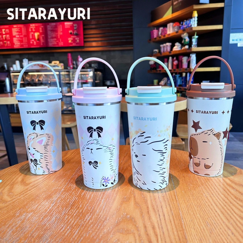 SITARAYURI แก้วน้ำหูหิ้วเก็บอุณหภูมิ มีลายสวยงามรอบใบ แข็งแรงด้วยสแตนเลส 560ml | Shopee Thailand