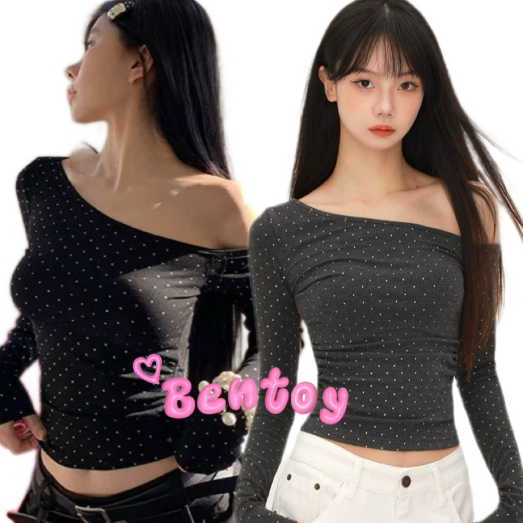 Bentoy(Q310-1)เสื้อยืดแขนยาว ปาด ไหล่ รัดรูป ติดเพชรสะท้านแสงทั้งตัว แต่งตัวง่าย ชิลชิล ดีไซน์ ...