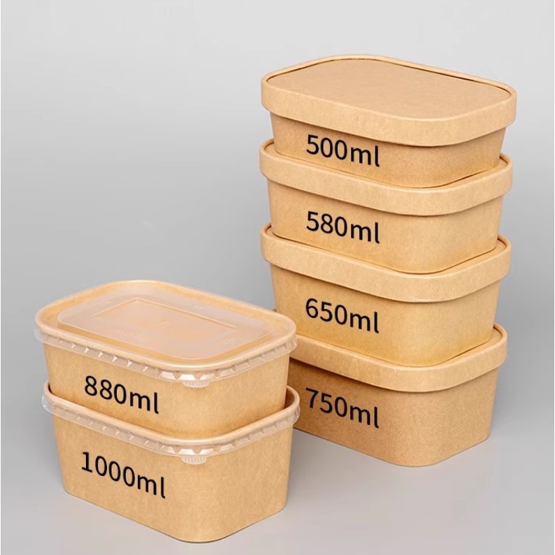 แพ็คละ25ใบ ถ้วยกระดาษ สี่เหลี่ยม คราฟ พร้อมฝา ถ้วยซุป ใส่อาหาร สลัด บ ...