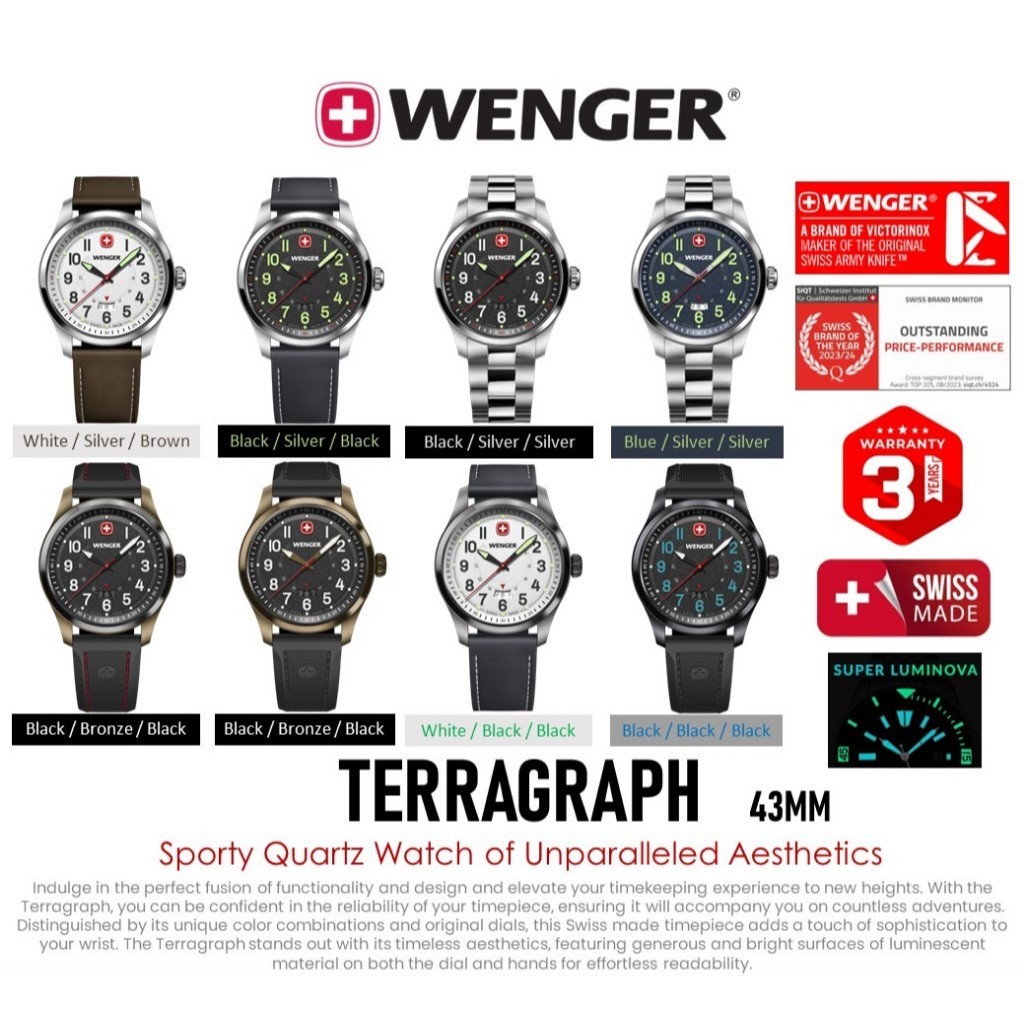 Wenger TERRAGRAPH 43mm Sporty Quartz Watch of Unparalleled Aesthetics นาฬิกา สวิส | Shopee Thailand