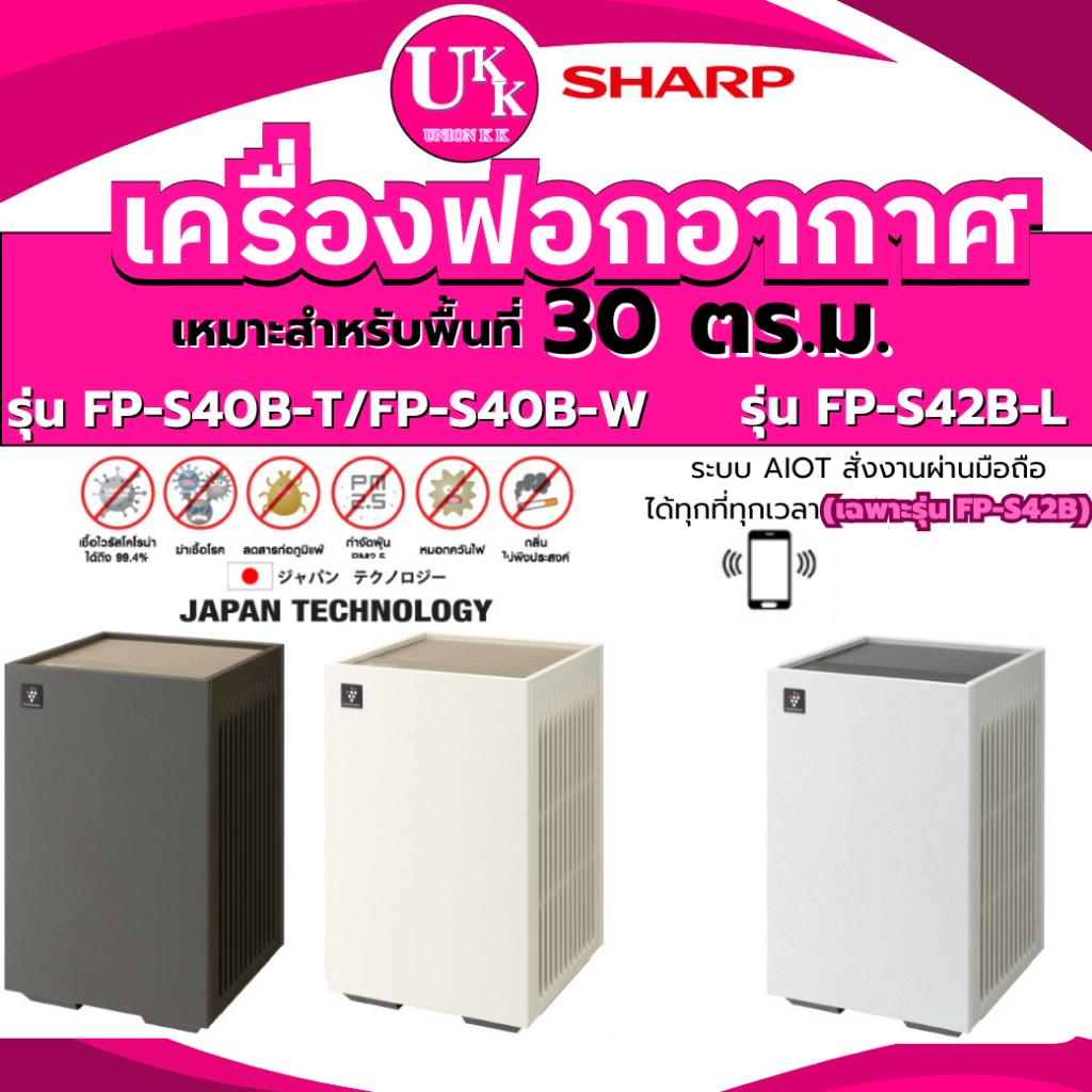 Sharp เครื่องฟอกอากาศ รุ่น FP-S40B-W,FP-S40B-T 30ตร.ม. พลาสม่าคลัสเตอร์ เเละ รุ่น FP-S42B-L 30 ...