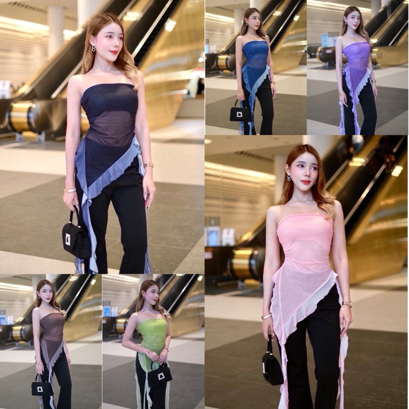 SS011 เสื้อเกาะอกแมงกระพรุน จับจีบย่นข้าง ไล่สีทูโทน แต่งระบาย | Shopee Thailand