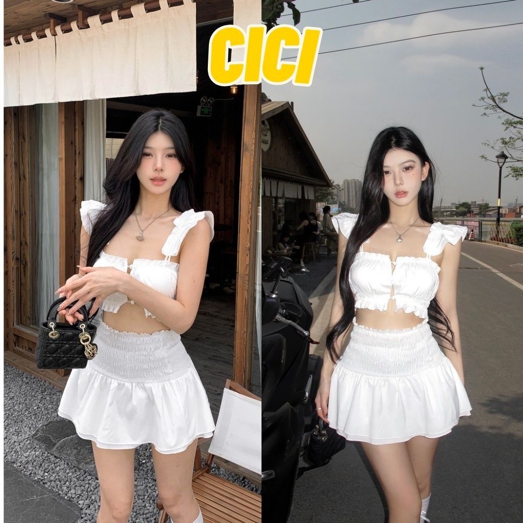 ส่งทันที Cici (NO. Set 3320) Set 2 ชิ้น เสื้อครอป แต่งแขนระบาย กระดุมใช้งานได้จริง+กระโปรงสั้น ...