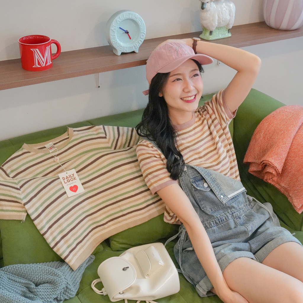 DAILYLOOK.SM --- Cable top เสื้อยืดไหมพรมลายทางสุดคิ้วท์ 2 สี | Shopee Thailand