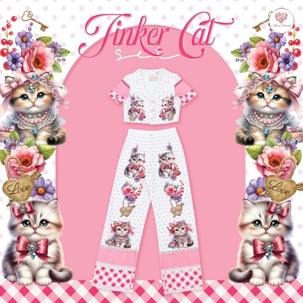 (มี 3XL) Tinker Cat Set ชุดเซ็ต 2 ชิ้นผ้าเปเป้พิมพ์ลาย เสื้อครอปแขนสั้น ...