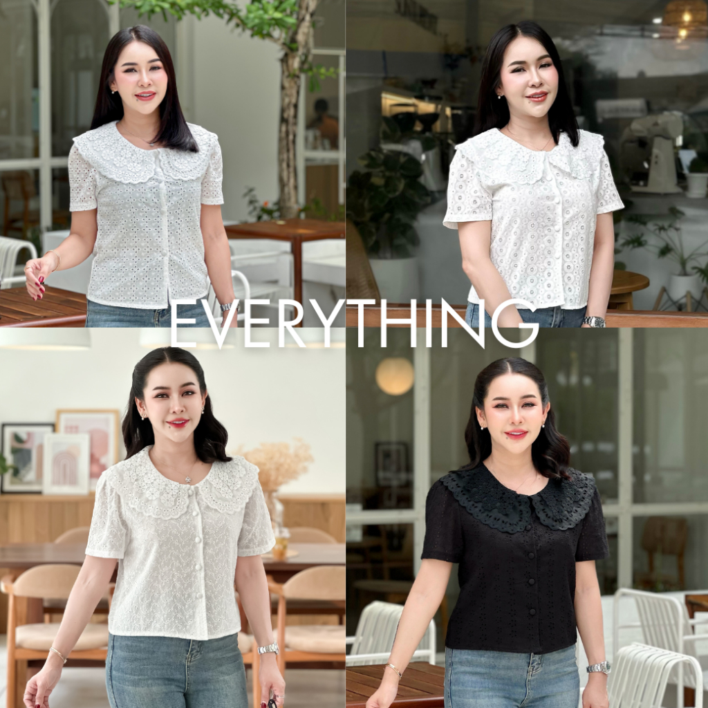 Everything ⚡ เสื้อผู้หญิงคอปกลูกไม้ฉลุ แขนสั้น งานลูกไม้ฉลุ มีไซซ์ XS-3XL พร้อมส่ง (6452 ...