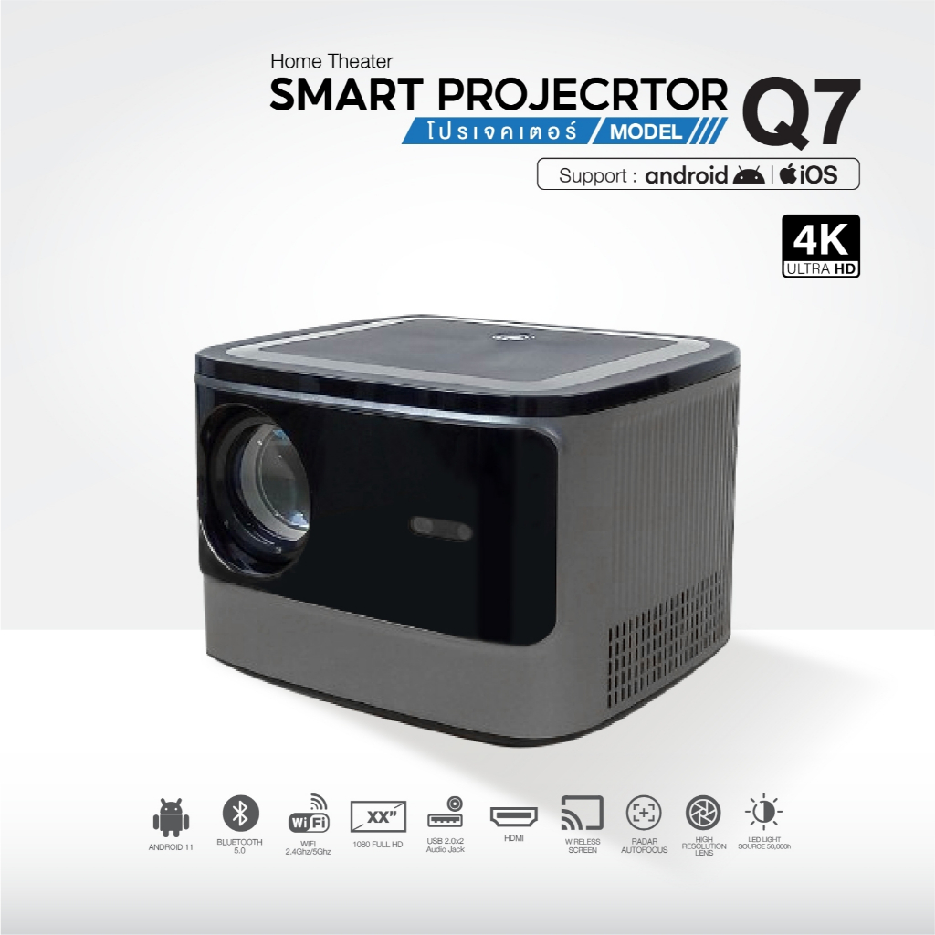Projector Smart Q7 โปรเจคเตอร์ที่ให้ความชัดระดับ 4K รองรับการเชื่อมต่อที่หลากหลาย | Shopee Thailand