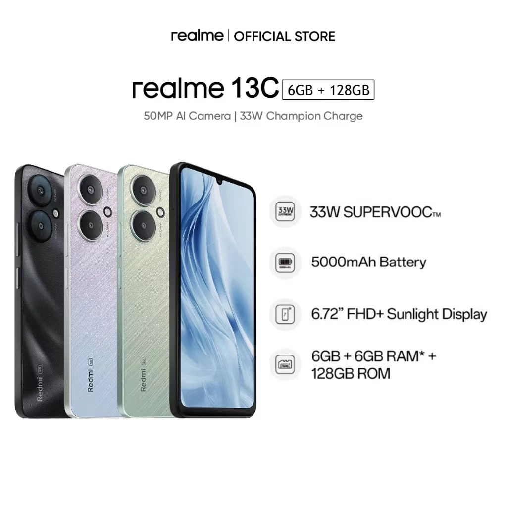 5Gโทรศัพท์ Realme 13C 6.72นิ้ว แบตเตอรี่อยู่ได้นาน 5000mAh 16+512GB ...