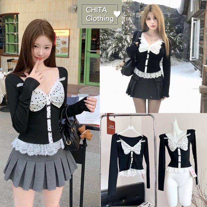 5985# เสื้อแขนยาวคอวี แต่งลายโบว์ช่วงอก ผ้ายืดอย่างดี ทรงสวย ต่อชายระบายช่วงปลายเสื้อTAG: SIMIDA ...