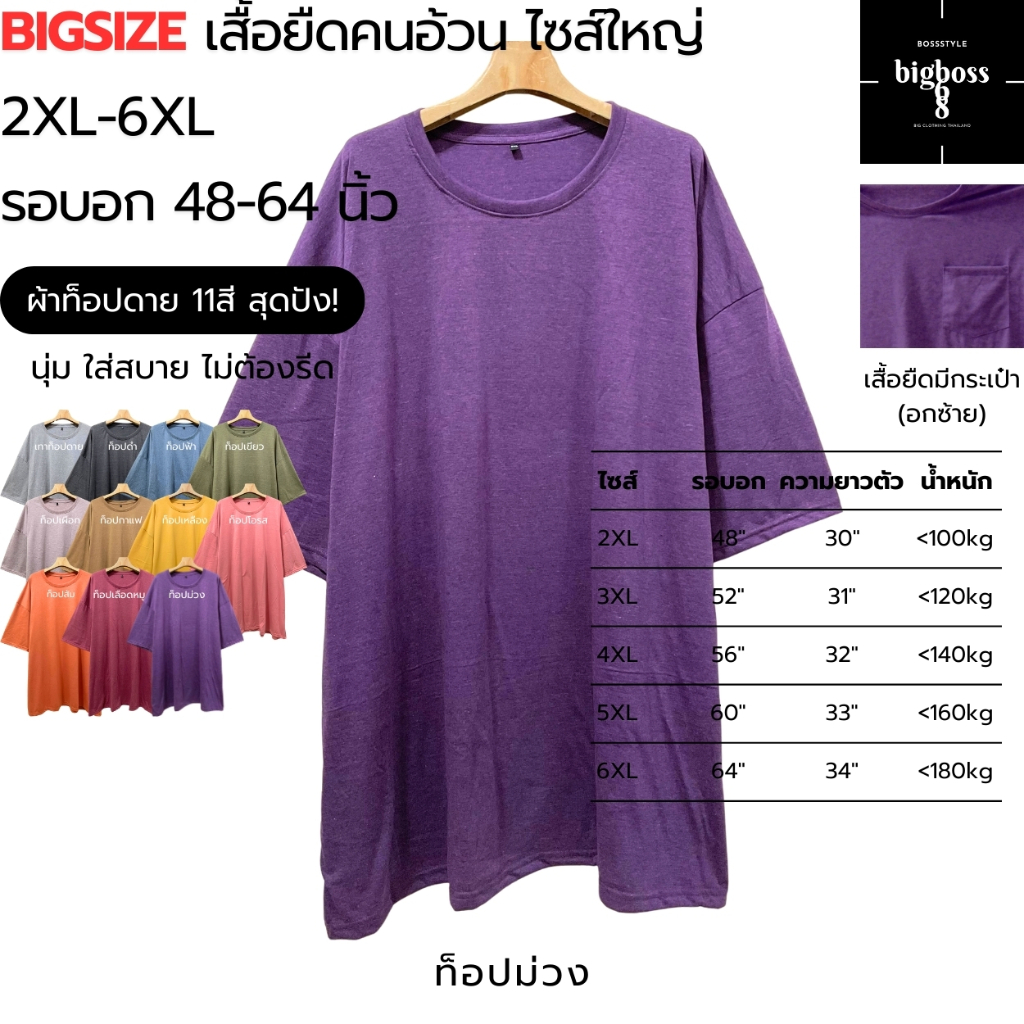 BIGSIZE 2XL-6XL เสื้อยืดคนอ้วนไซส์ใหญ่+เสื้อยืดคนอ้วนมีกระเป๋า(อกซ้าย) คอกลม ผ้าท็อปดาย(สีท็อป ...