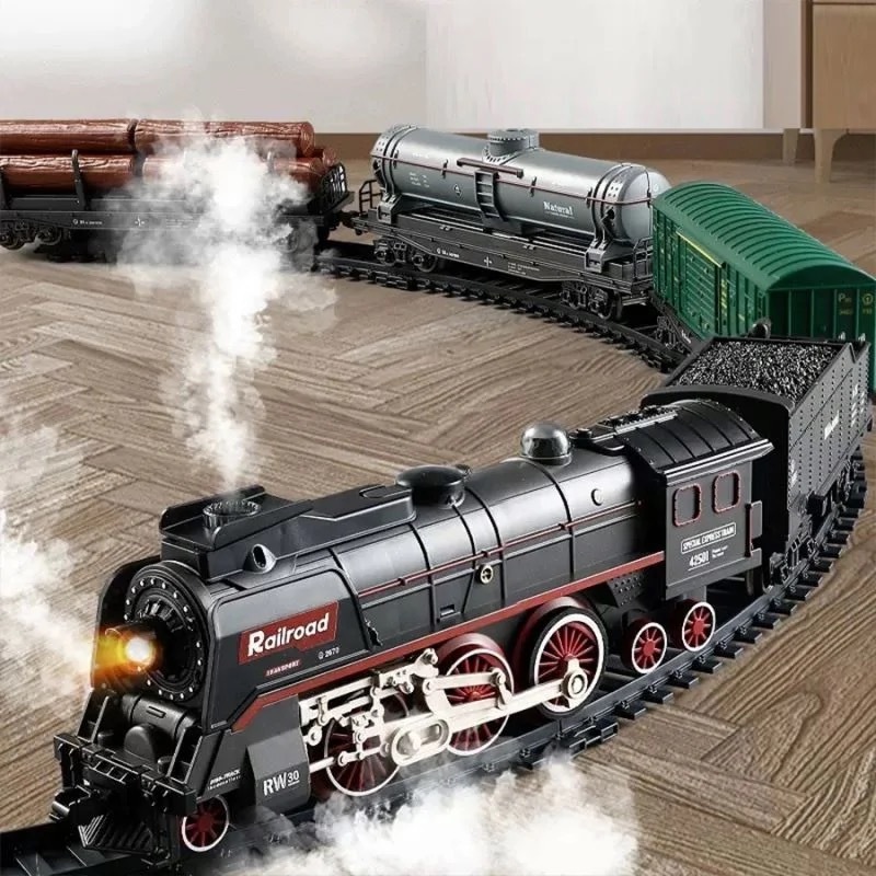 Retro Steam Train TRACK เด็กที่เปลี่ยนแปลงรถรางจำลองไฟฟ้าไอน้ำสเปรย์ ...