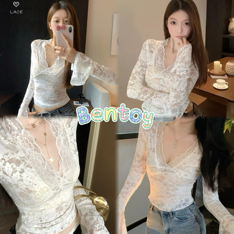 Bentoy(bratop2019)เสื้อแขนยาว เสื้อลูกไม้ หน้าวี เซ็กซี่ รัดรูป ทรงสวยมาก | Shopee Thailand