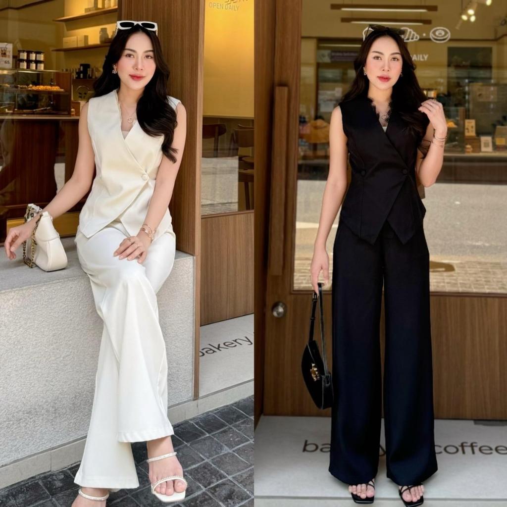 เซ็ตเสื้อแขนกุดคอวีแต่งลูกไม้ + กางเกงขายาว The Alner Women Clothing ...