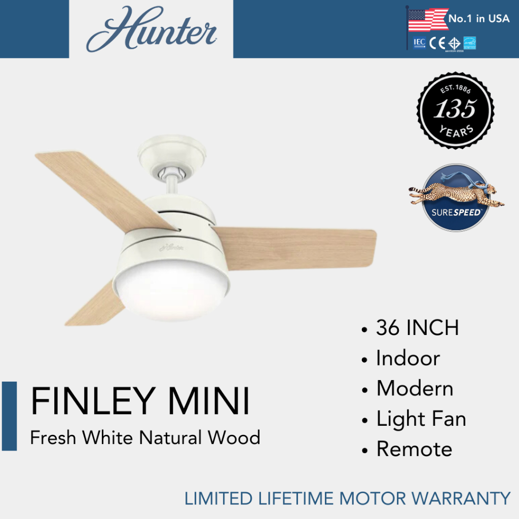 Hunter Fan พัดลมเพดาน รุ่น Finley Mini - Fresh White Natural Wood ...