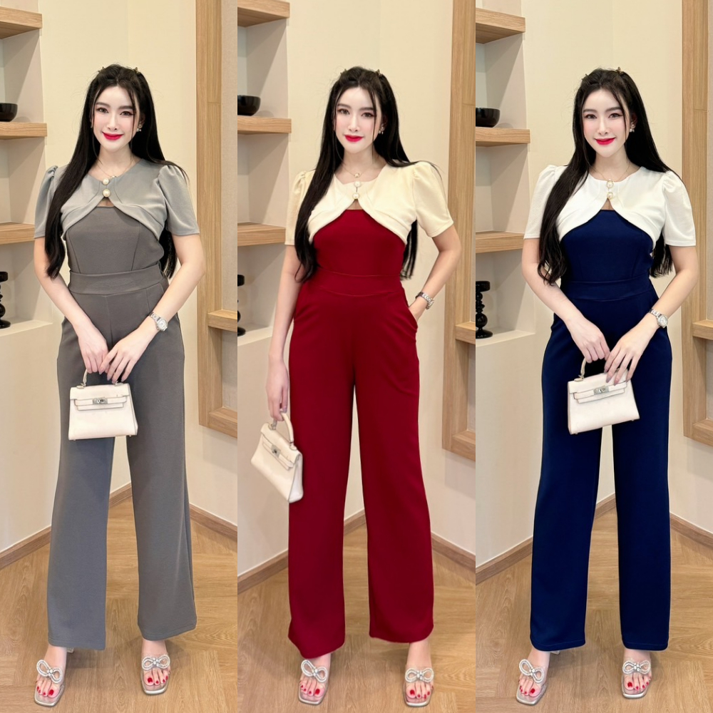 พร้อมส่ง ชุดเซตยาวผ้าวูลเวฟทรูโทน เสื้อแขนสั้นแต่งกระดุมมุกหน้า+กางเกงเอวเรียบสม็อคหลังมีกระเป๋า ...