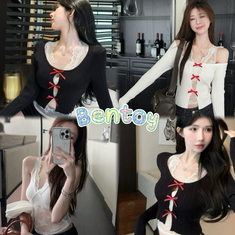 Bentoy(1527)เซ็ท2ชิ้น เสื้อยืดแขนยาวพร้อมเสื้อลูกไม้ข้างใน สุดฮอท เซ็กซี่เบาๆ ติดโบว์แดงหน้าอก ...