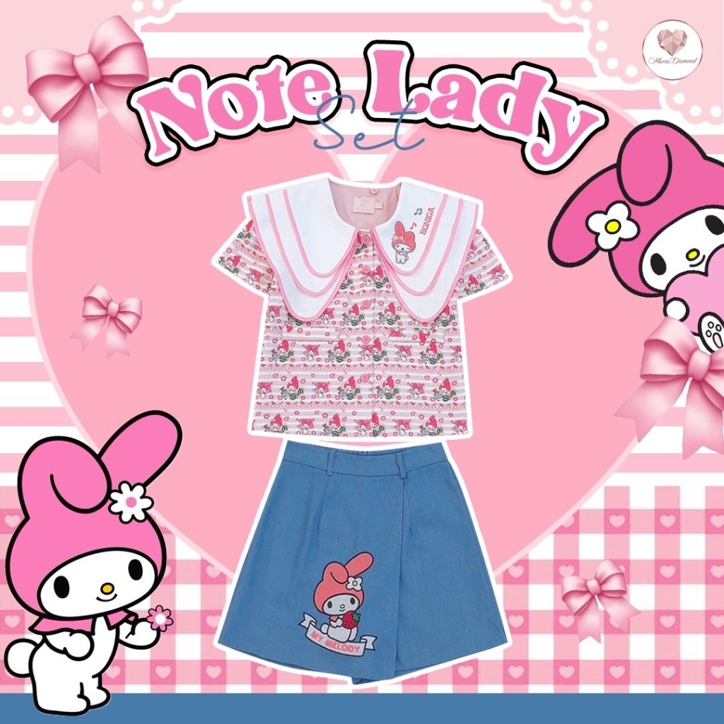 (ลด 1 ไซส์ 3XL ใส่ 2XL ได้) Note Lady Set เซ็ต 2 ชิ้น เสื้อปกกะลาสีสามชั้นงานปักการ์ตูน แขนสั้น ...