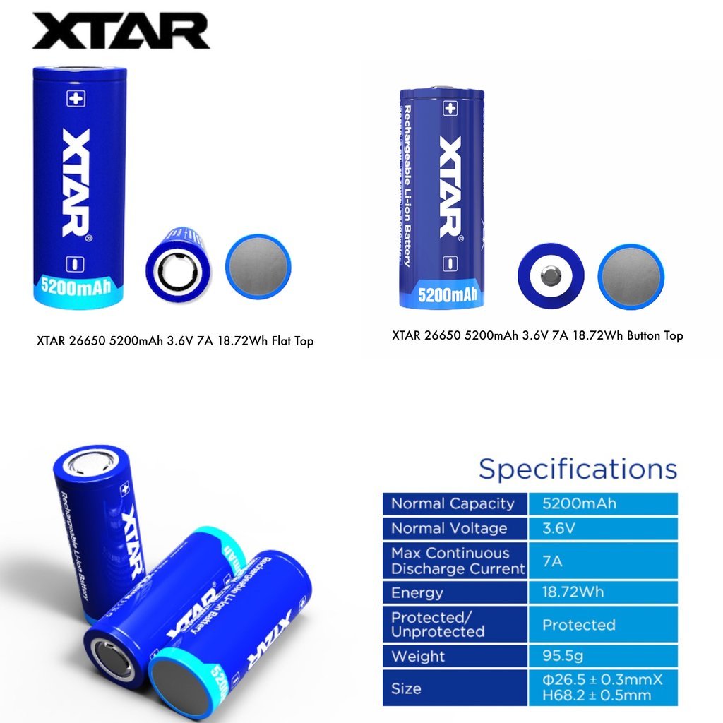 XTAR 26650 5200mAh 3.6V 7A Flat Top & Button Top Protected Rechargeable ...