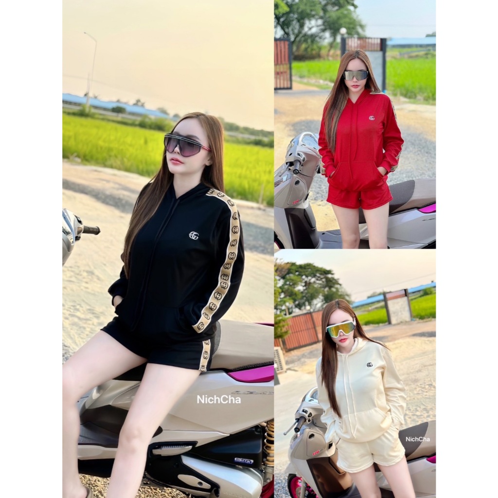 ์Nicha Set2 ชิ้น - เสื้อแขนยาวฮู้ด ปักโลโก้ - กางเกงขาสั้น มีกระเป๋า2ข้าง | Shopee Thailand