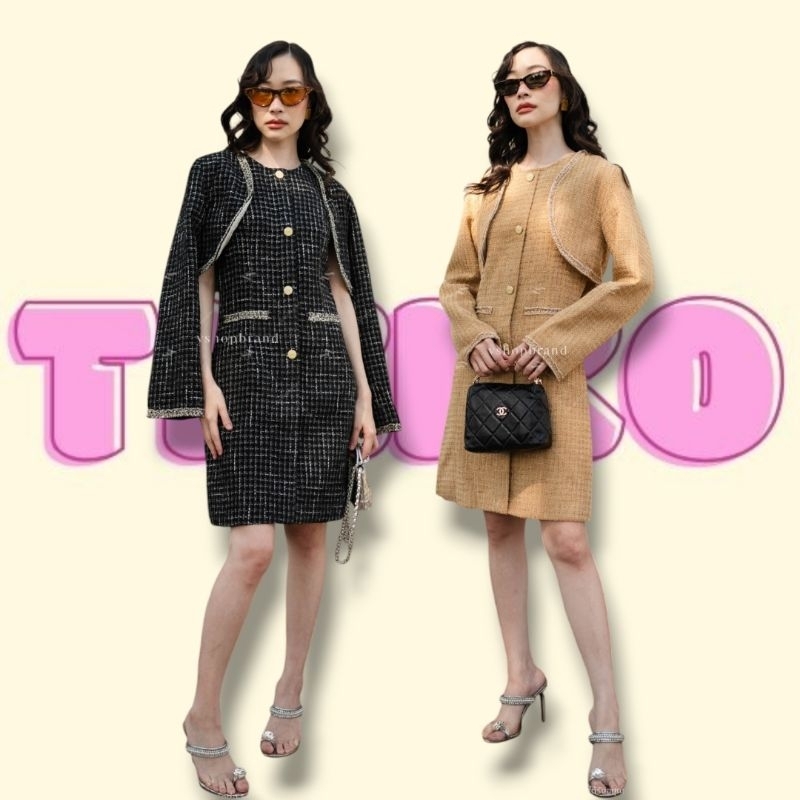 VSHOP Set เดรสแขนกุดผ้าทวิต+คลุมขอบวิ้งค์ 8896-1 | Shopee Thailand