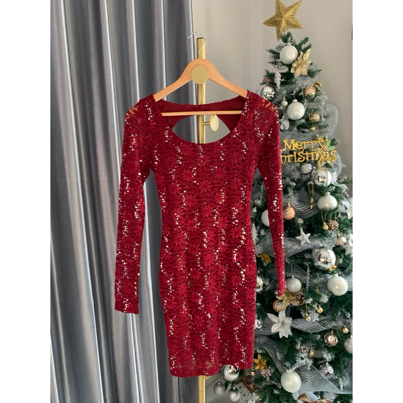 Ruby Rox Red Lace Sequin Long Sleeve Dress คริสต์มาส | Shopee Thailand