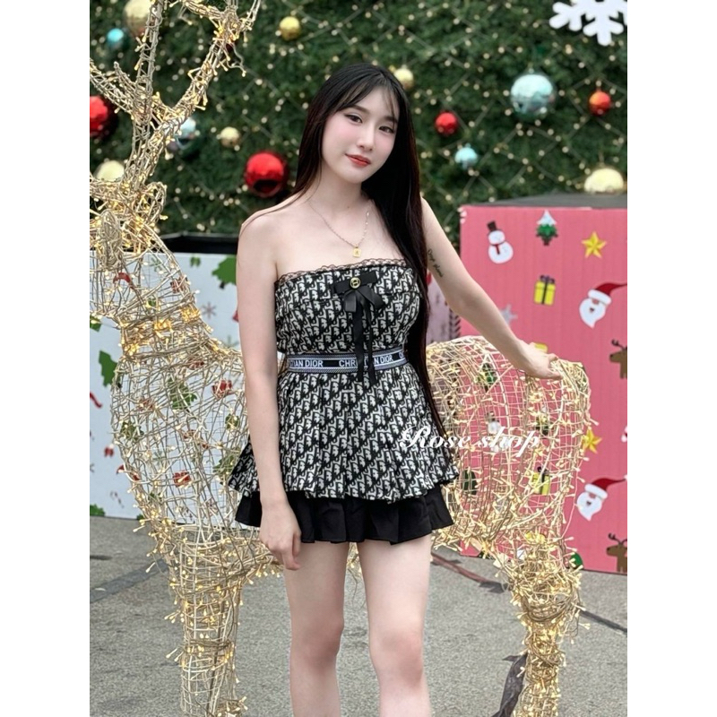 Roseshop เซท2 ชิ้น เกาะอกผ้าทอติดโบว์หน้า น่ารักไปเลยยจ้าา กางเกงกระโปรงจีบแต่งขอบมีซับใน สุด ...