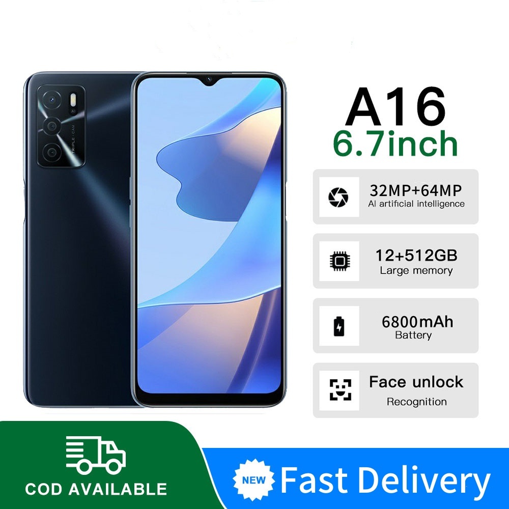 Smartphone A16 16GB RAM+512GB ROM 6.7inch full screen support 2 SIM ...