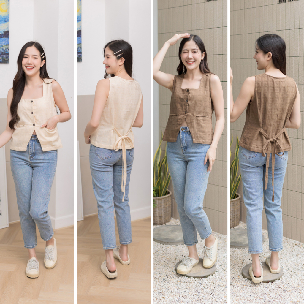 R004 เสื้อพื้นเมือง คอเหลี่ยม แขนกุด มีเชือกผูกด้านหลัง ผ้าฝ้าย กระดุม ...