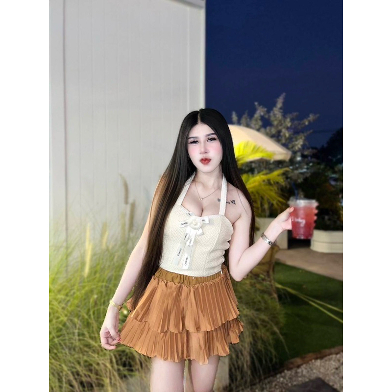 Phapassz - Set 2 ชิ้น เสื้อคล้องคอ ติดกลัดโบว์แบรนด์ดัง มาพร้อมกระโปรงทรงชั้นๆ เนื้อผ้าอย่างดี ...