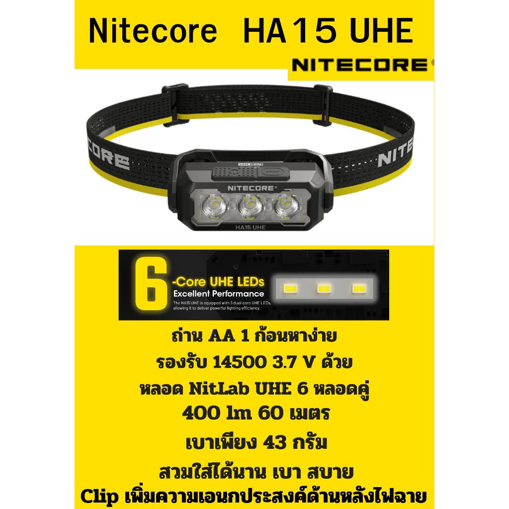ไฟฉายคาดหัวNitecore HA15 UHE 400 lm ศูนย์ไทย เอนกประสงค์ ถ่าน AA 1 ก้อนหาง่าย รองรับ 14500 3.7V ...