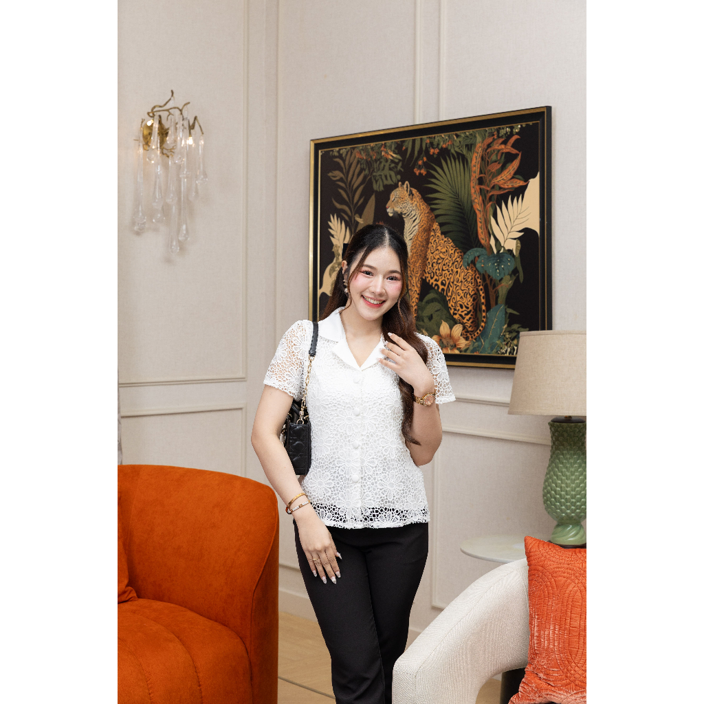 Glucoat | [T370] เสื้อลูกไม้เนื้อนิ่มสีขาว คอปกทรงเชิ้ต กระดุมหน้า มีซับใน | Shopee Thailand