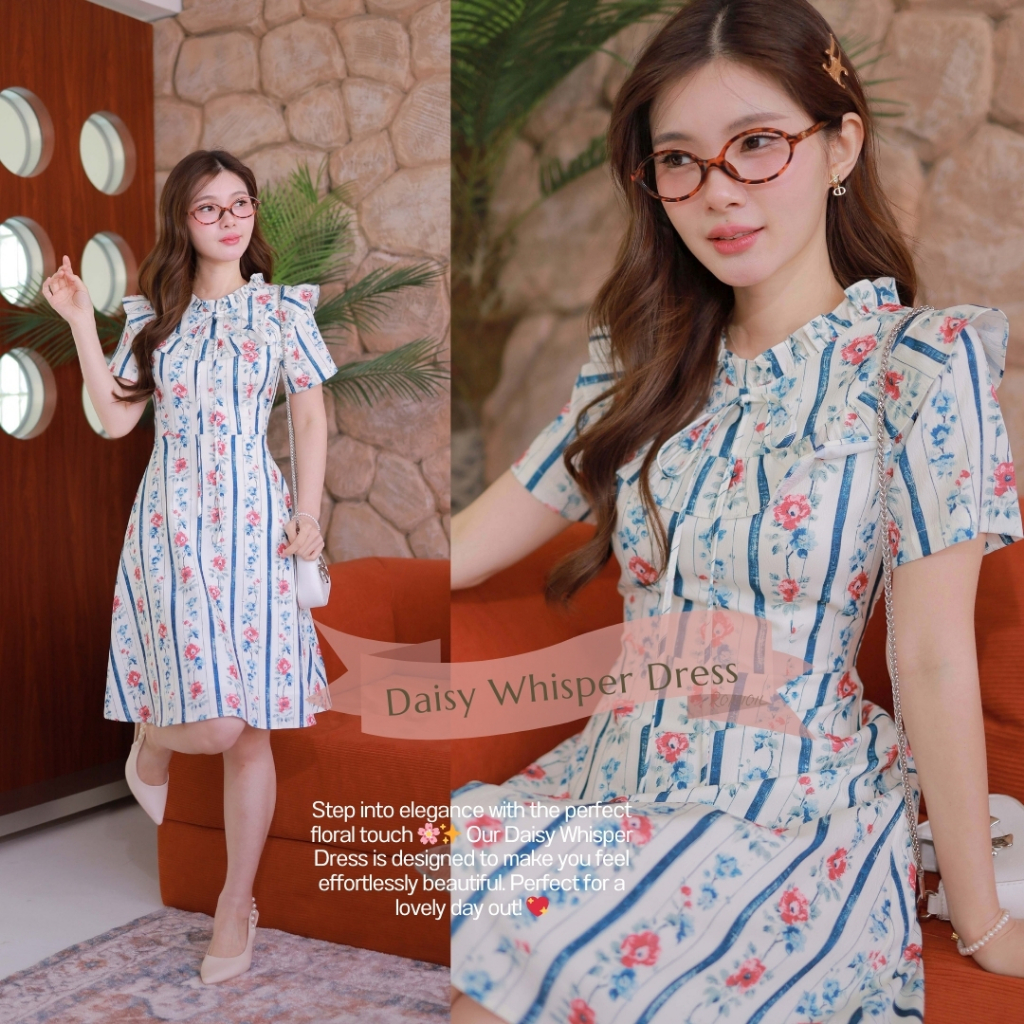 Romi"Oil" Daisy Whisper Dress (Cream) K146 ชุดเดรสสีครีม (ระบายคอมีเชือกผูก) | Shopee Thailand