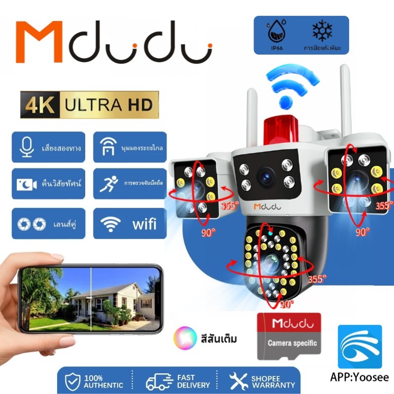 Mdudu 18MP 3กล้อง ดูพร้อมกันได้ สามหน้าจอ กล้องวงจรปิดไร้สาย wifi ไร้ ...