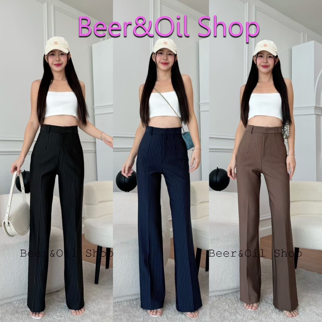 B0023 Beer&Oil กางเกงขายาวเอวสูงขาม้า ผ้าโรเชฟ งานตะขอ ลายริ้วซิปหน้า แต่งหูเข็มขัด | Shopee ...